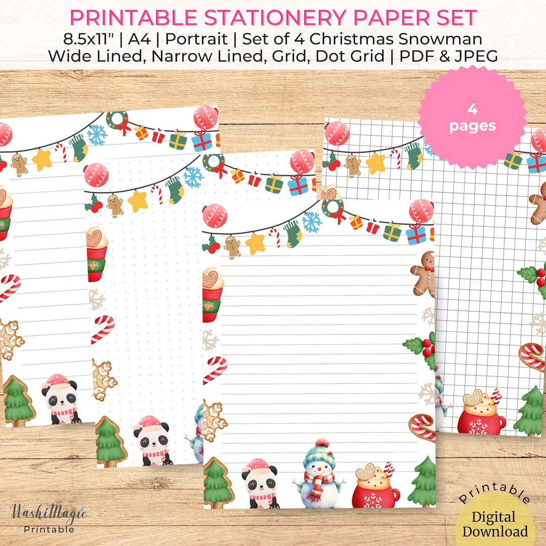 Christmas Snowman Notebook Paper, Printable Stationery Set Lined Pages ...