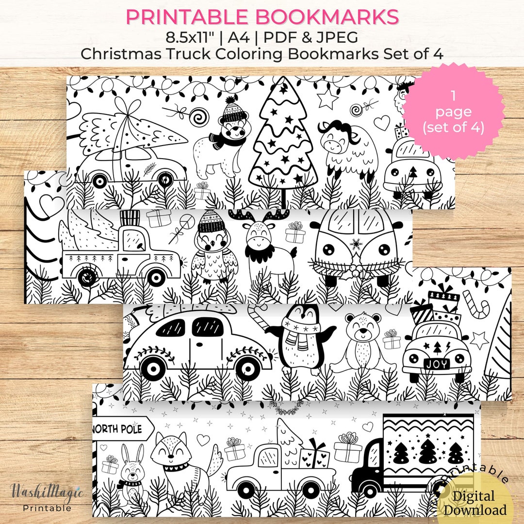 Christmas Truck Coloring Printable Bookmarks Set of 4 for Kids, Fun ...