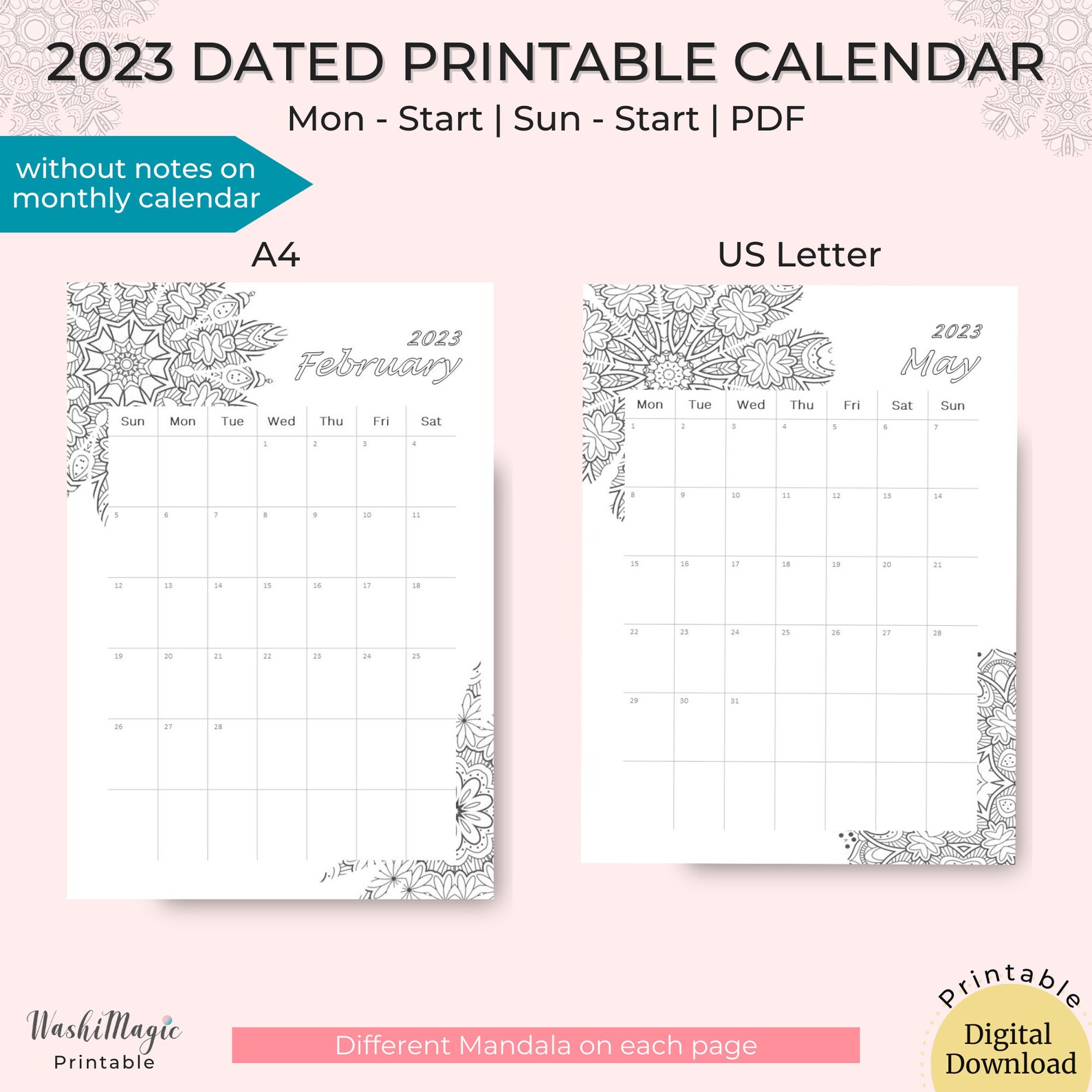 2023 Dated Printable Calendar Mandala-without Notes on Monthly - Etsy