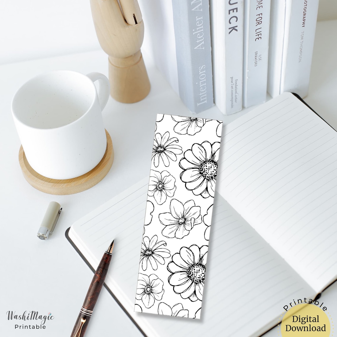 Printable Bookmarks Set of 4 Black & White Coloring Floral Leaves ...