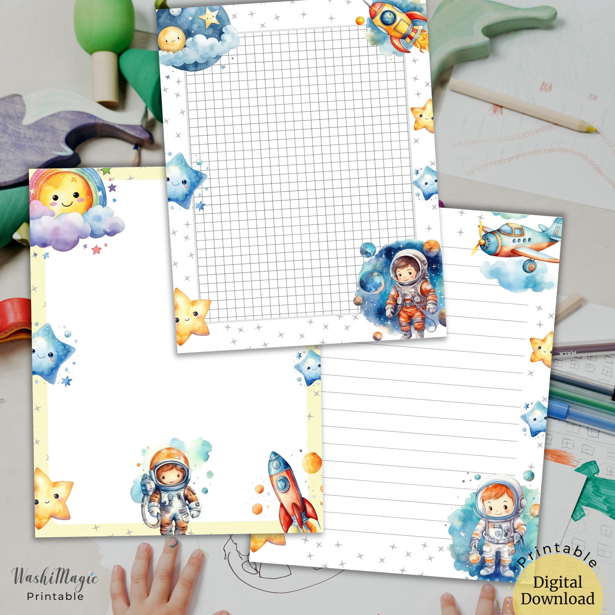 Colorful Space Rocket Ship Notebook Paper Printable, Grid Paper, Kawaii ...