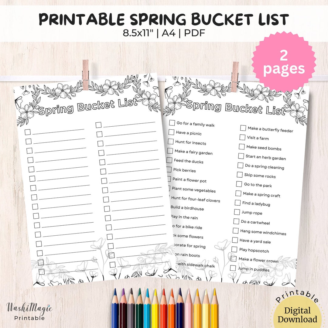 Spring Bucket List Coloring Page Template Printable, Spring Break ...