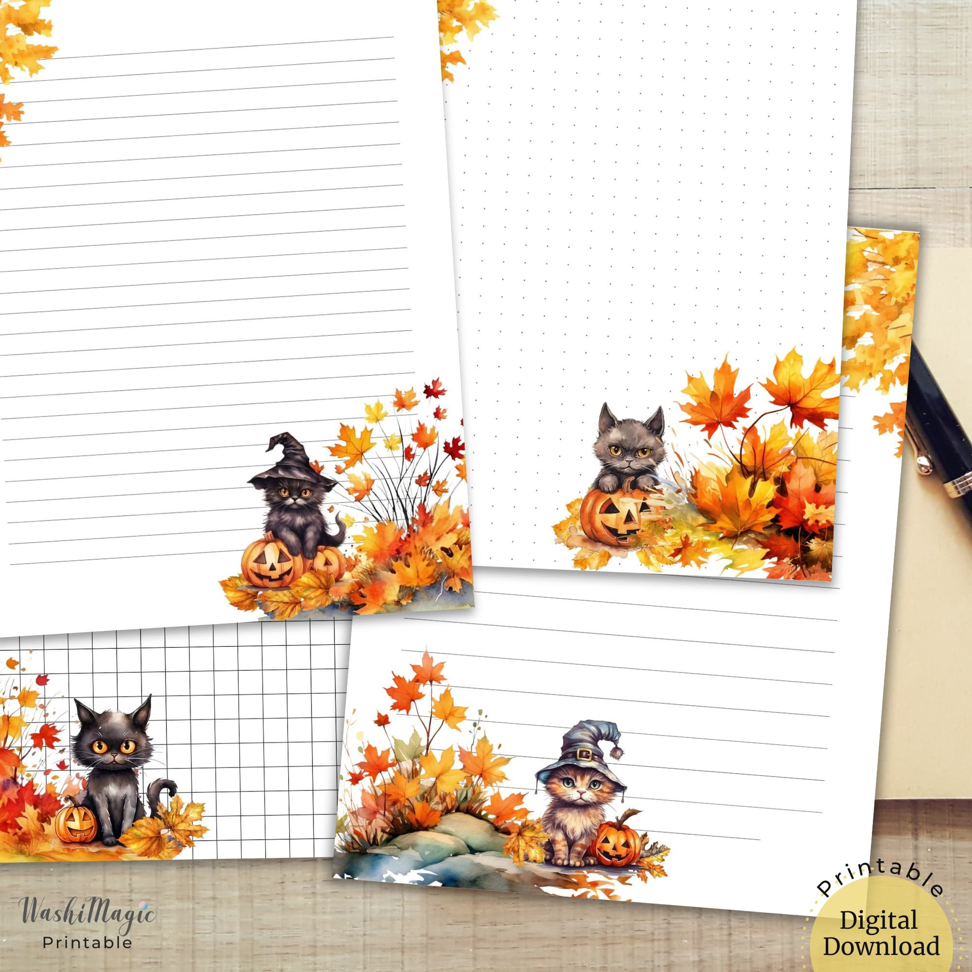 Autumn Stationery Paper Printables, Set of 4, Fall and Cat Lined Paper ...