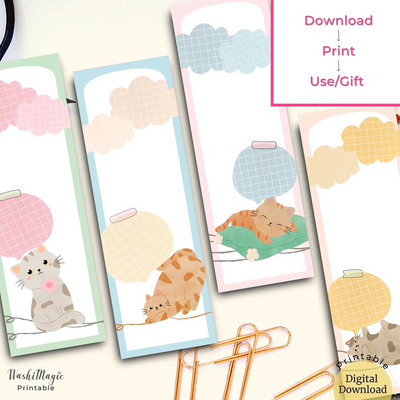 Pastel Cat Bookmark Printable Set of 4, Cute Bookmark Set, Cat Lover ...