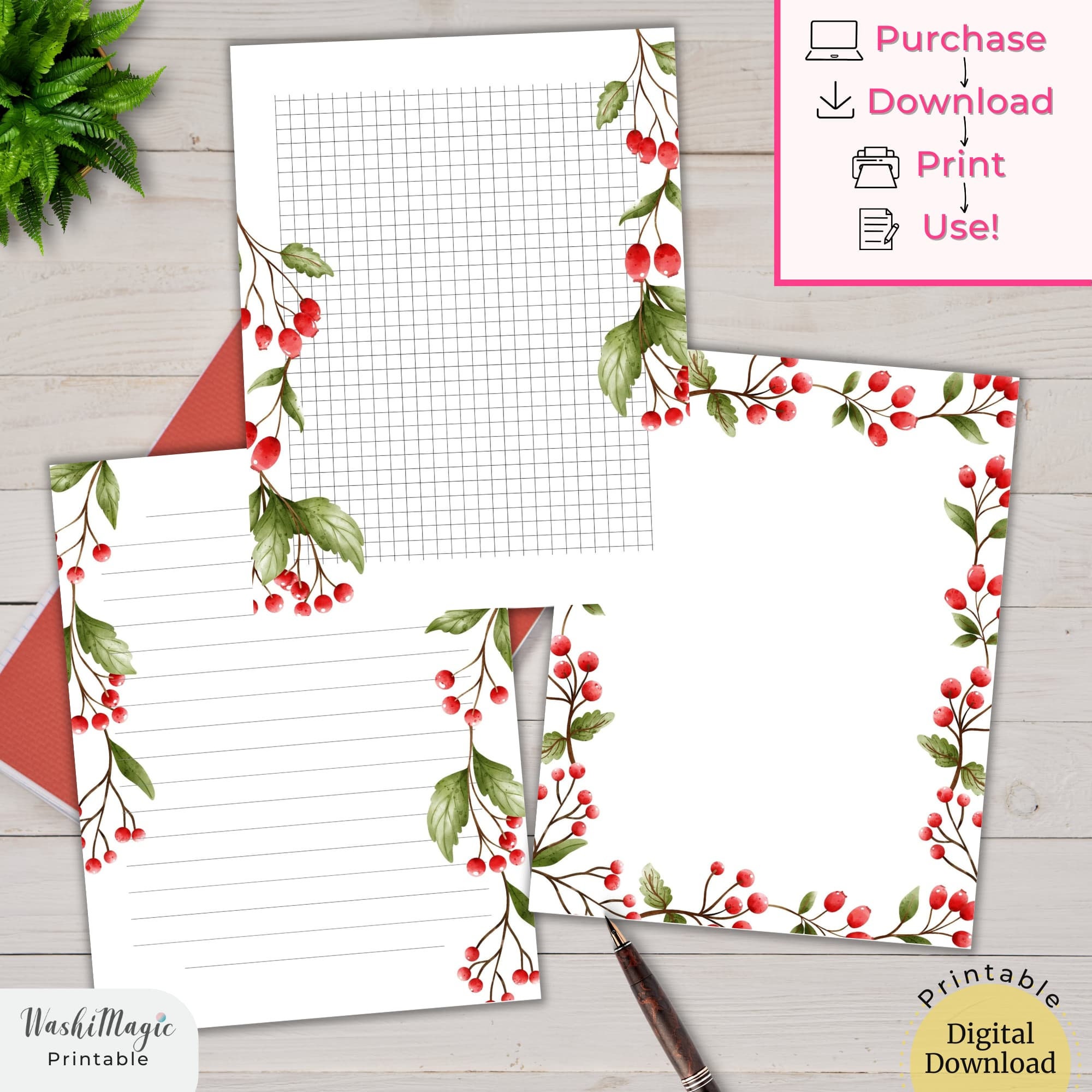 Red Berries Printable Paper Set of 3 Unique Berries Design Stationery ...