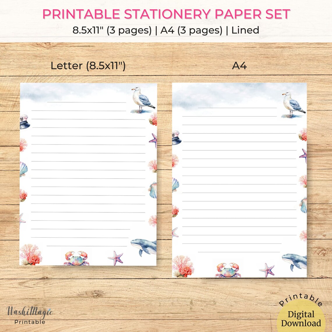 Under the Sea Creature Notebook Paper Printable Set of 3, Letter ...