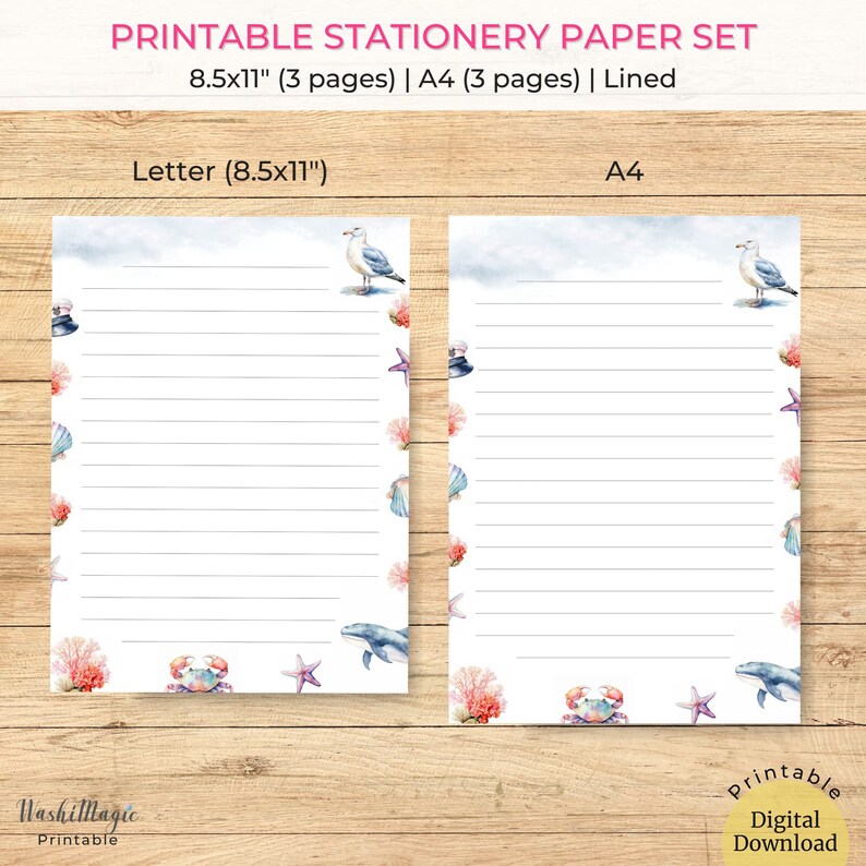 Under the Sea Creature Notebook Paper Printable Set of 3, Letter Writing Paper, Kids Stationery ...