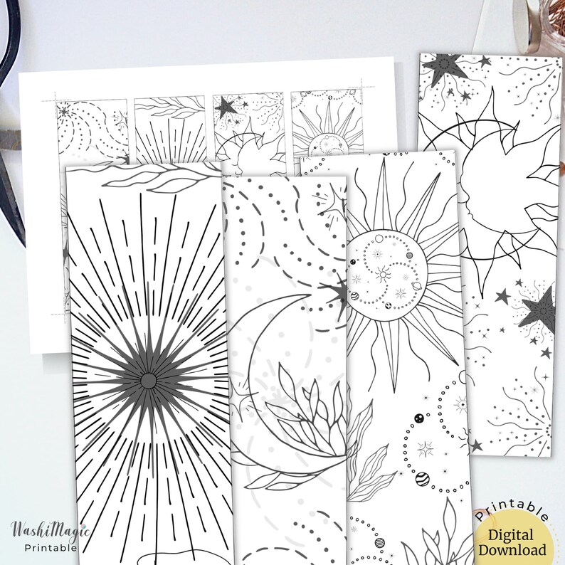 Celestial Sun Moon Coloring Bookmark Set: DIY Self-care Gift (digital ...