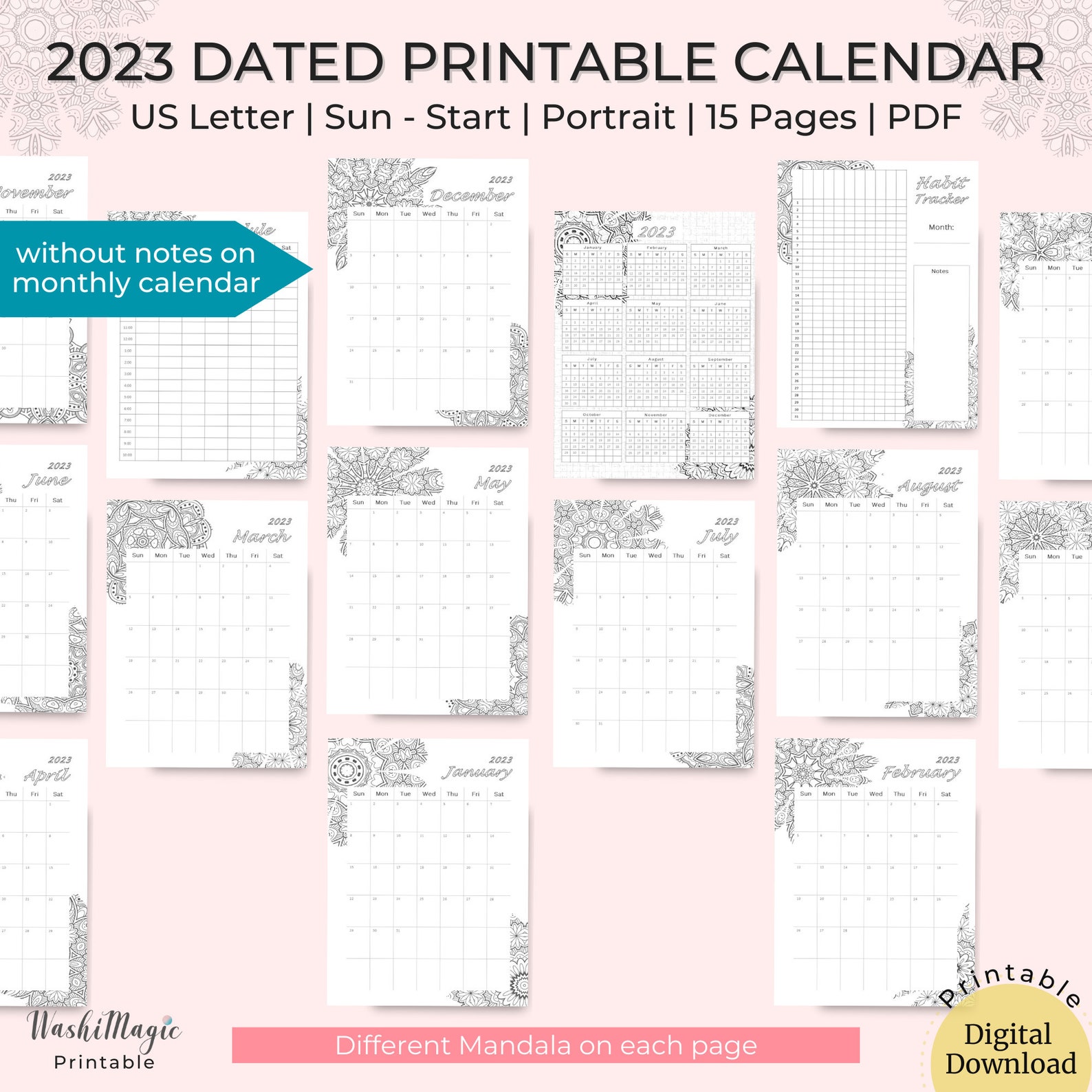 2023 Dated Printable Calendar Mandala-without Notes on Monthly - Etsy