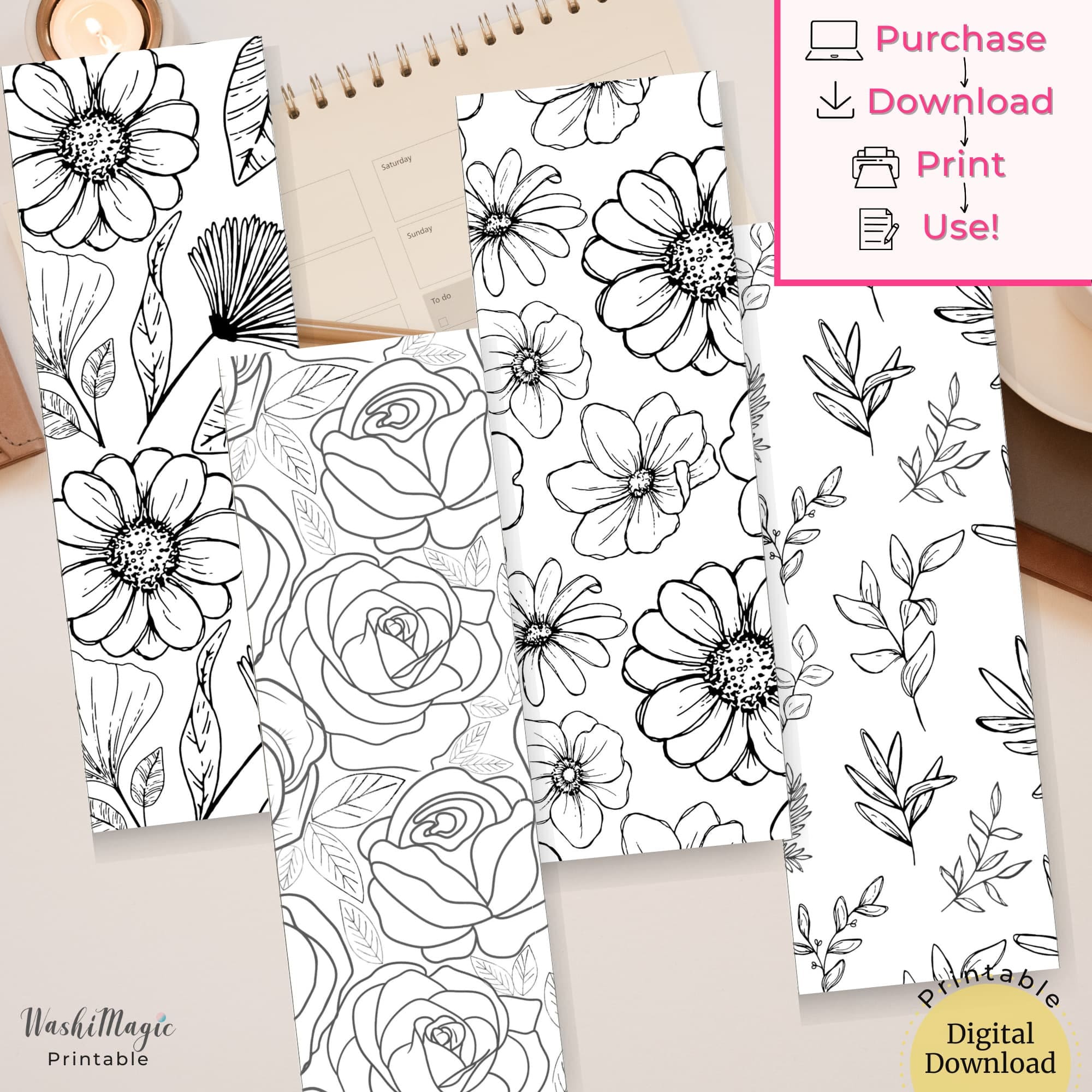 Printable Bookmarks Set of 4 Black & White Coloring Floral Leaves ...
