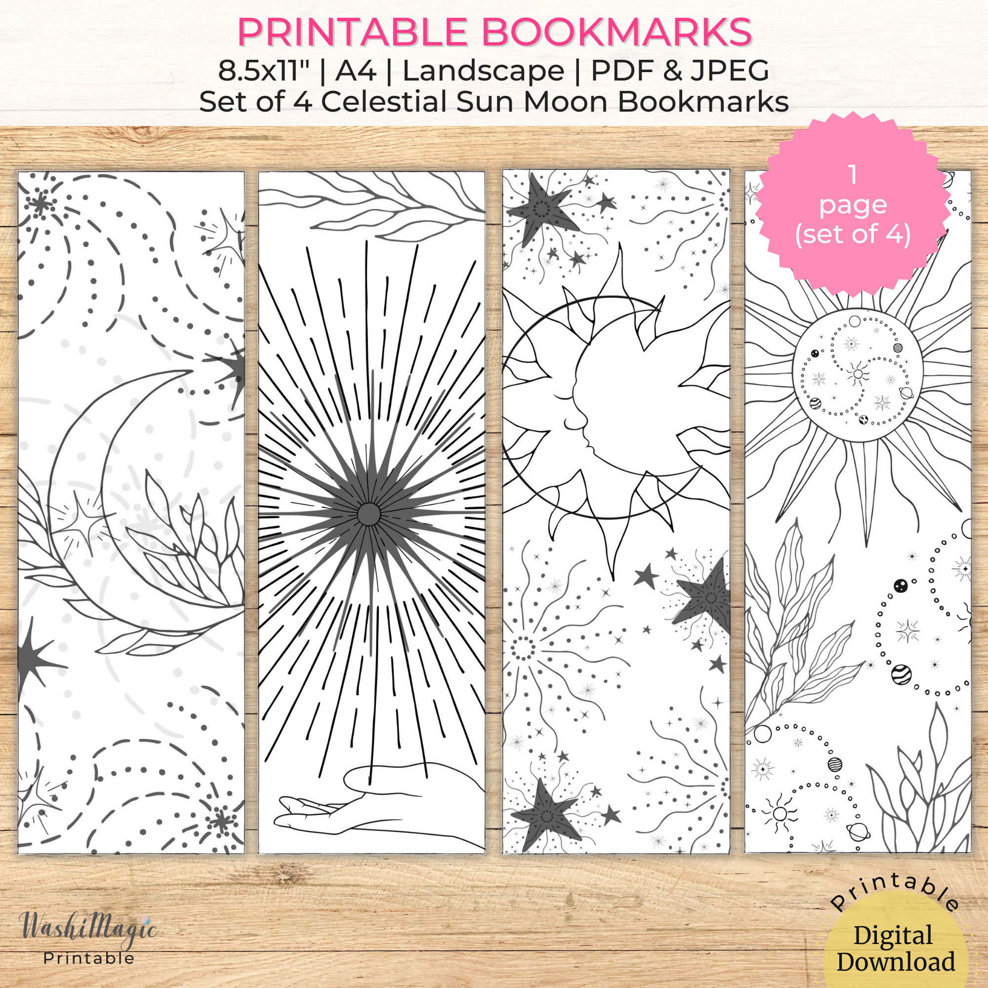 Celestial Sun Moon Coloring Bookmark Set: DIY Self-care Gift (digital ...