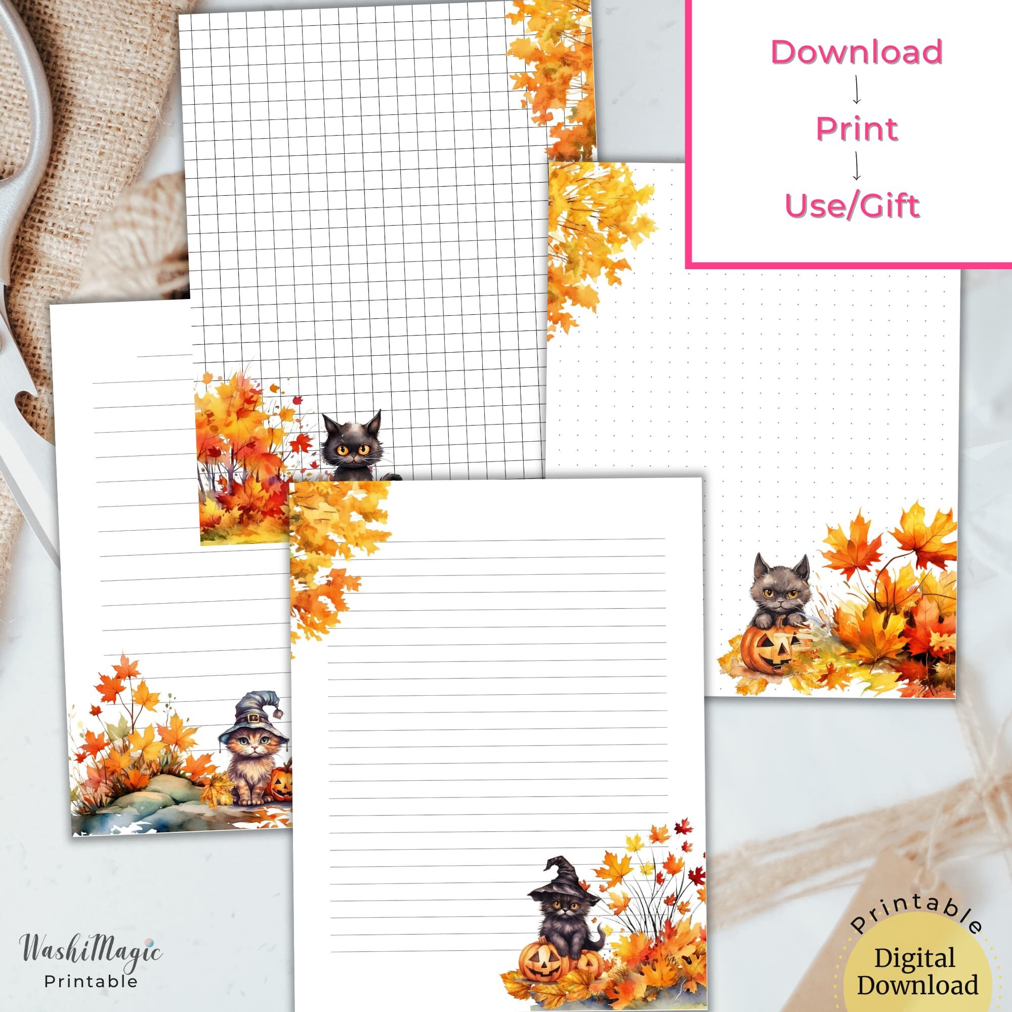 Autumn Stationery Paper Printables, Set of 4, Fall and Cat Lined Paper ...