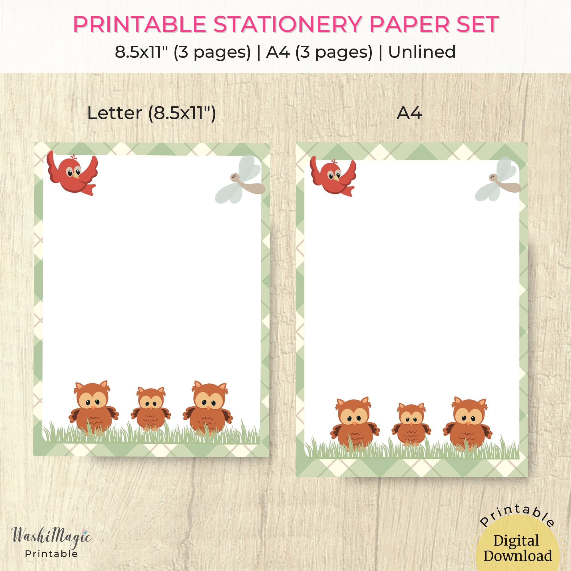 Woodland Animals Printable Stationery Paper Set , Lined Unlined Grid ...