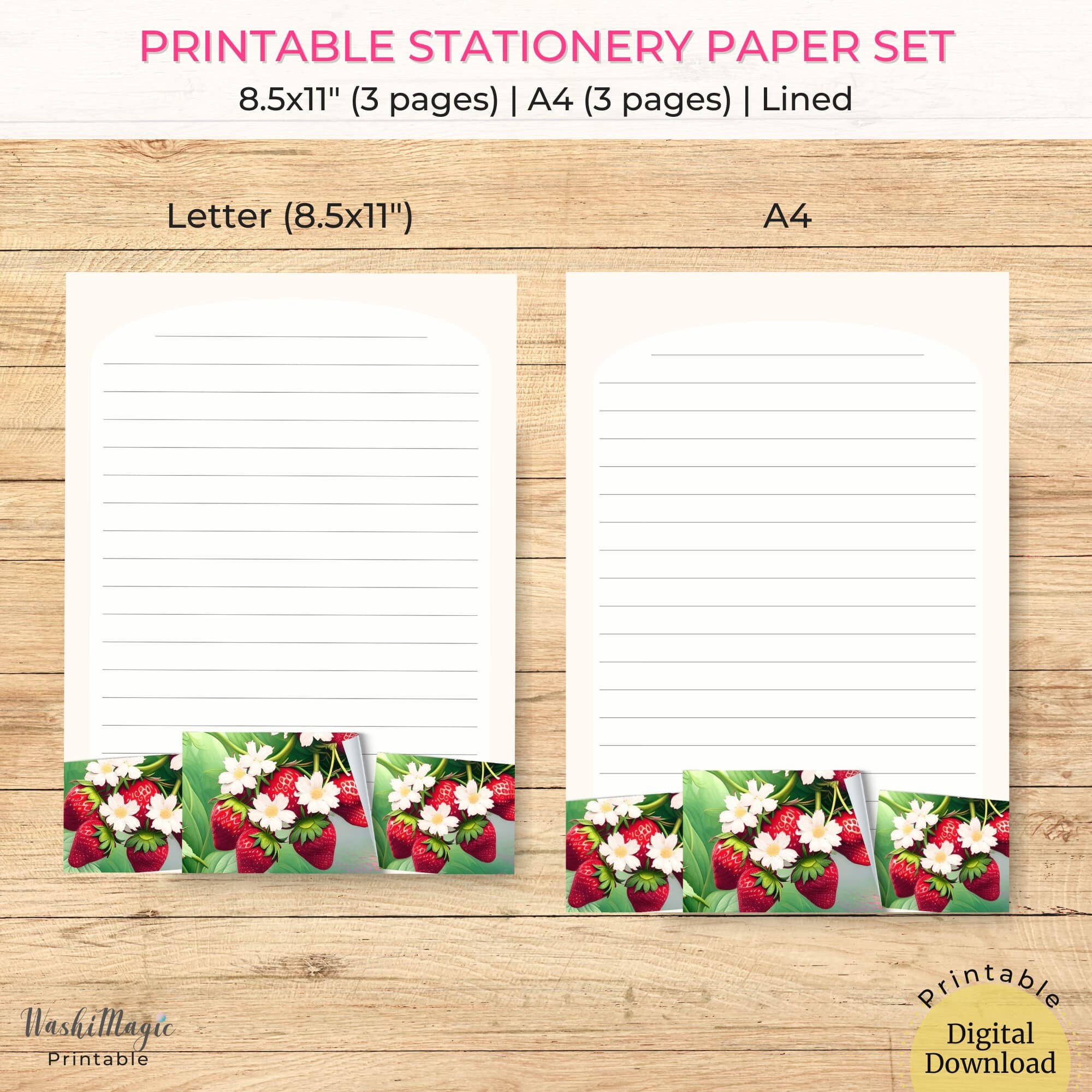 Strawberry Plant Stationery Paper Printable Set of 3, Unique Journal ...