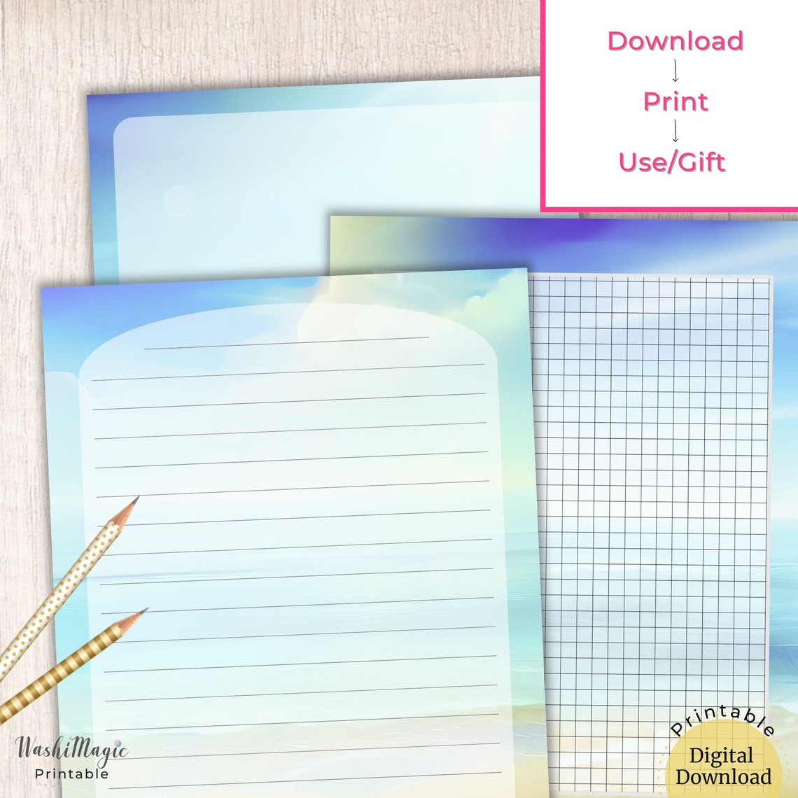 Summer Beach Printable Stationery Paper Set Lined Paper - Etsy