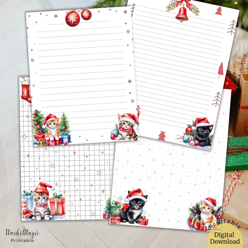 Christmas Gift & Cat Notebook Paper, Letter Writing Paper, Printable ...