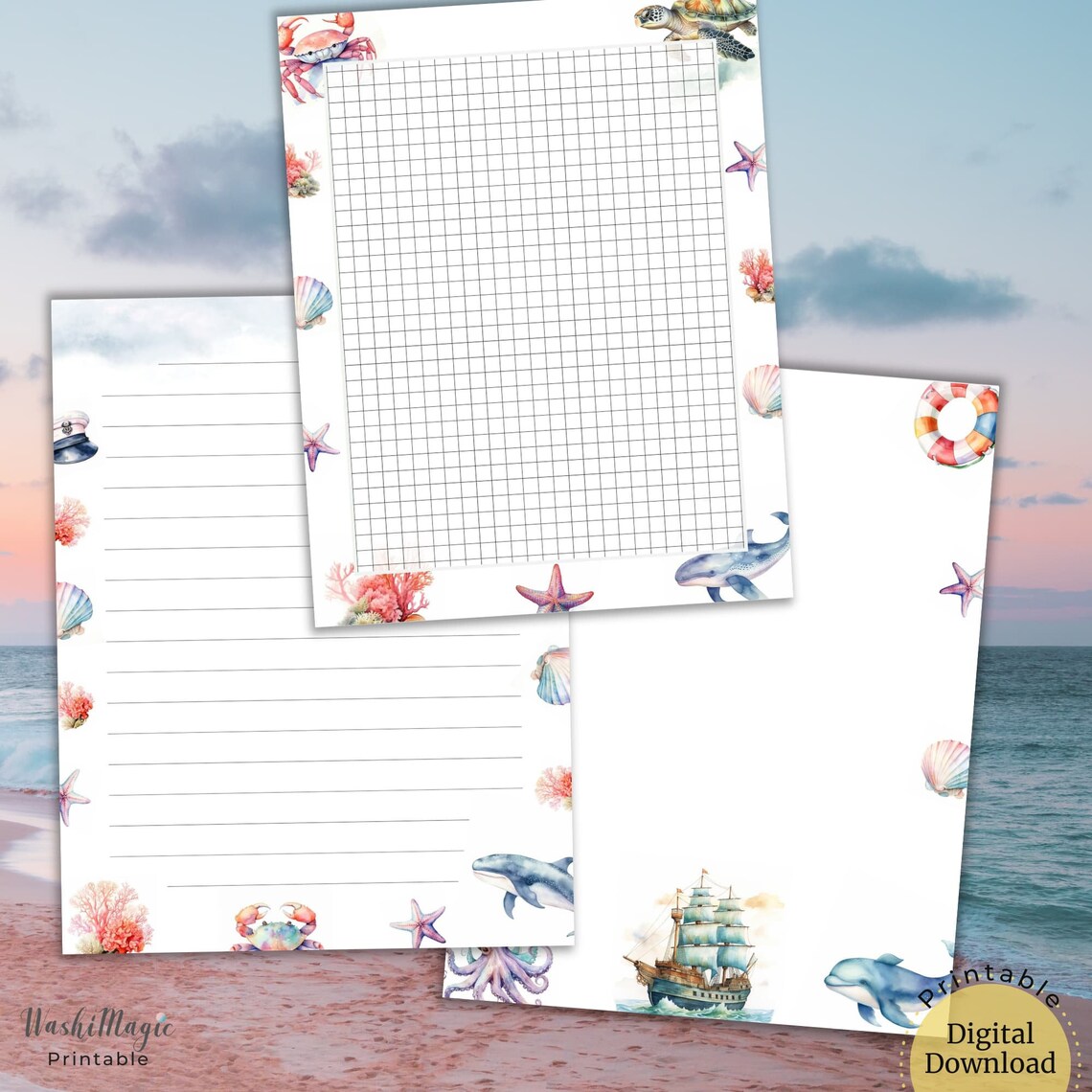 Under the Sea Creature Notebook Paper Printable Set of 3, Letter ...