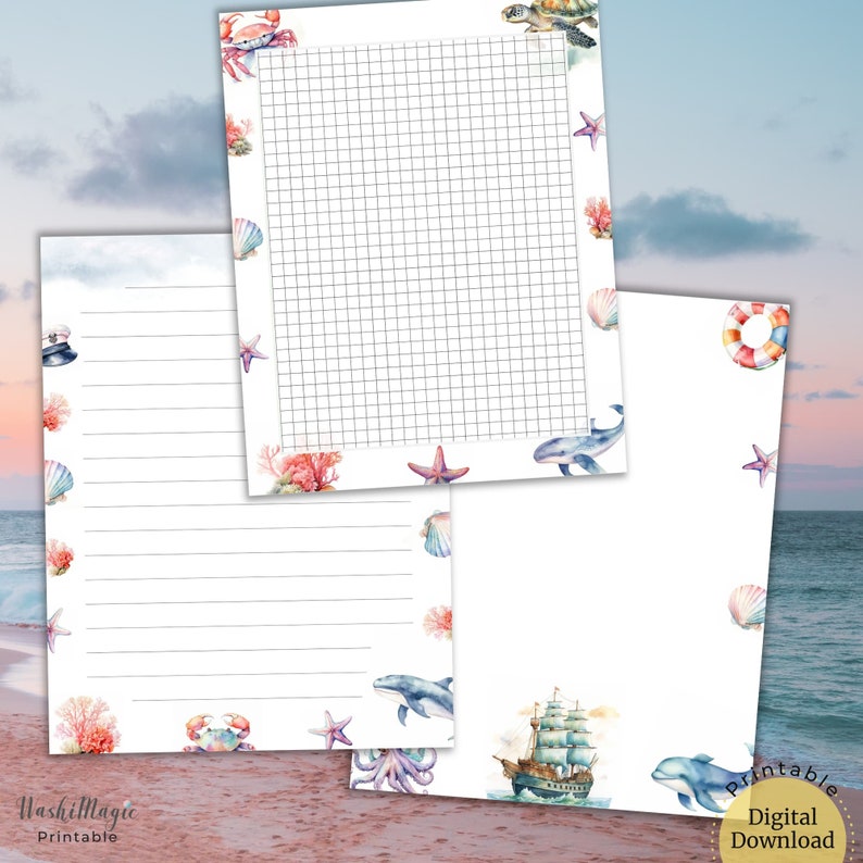 Under the Sea Creature Notebook Paper Printable Set of 3, Letter ...