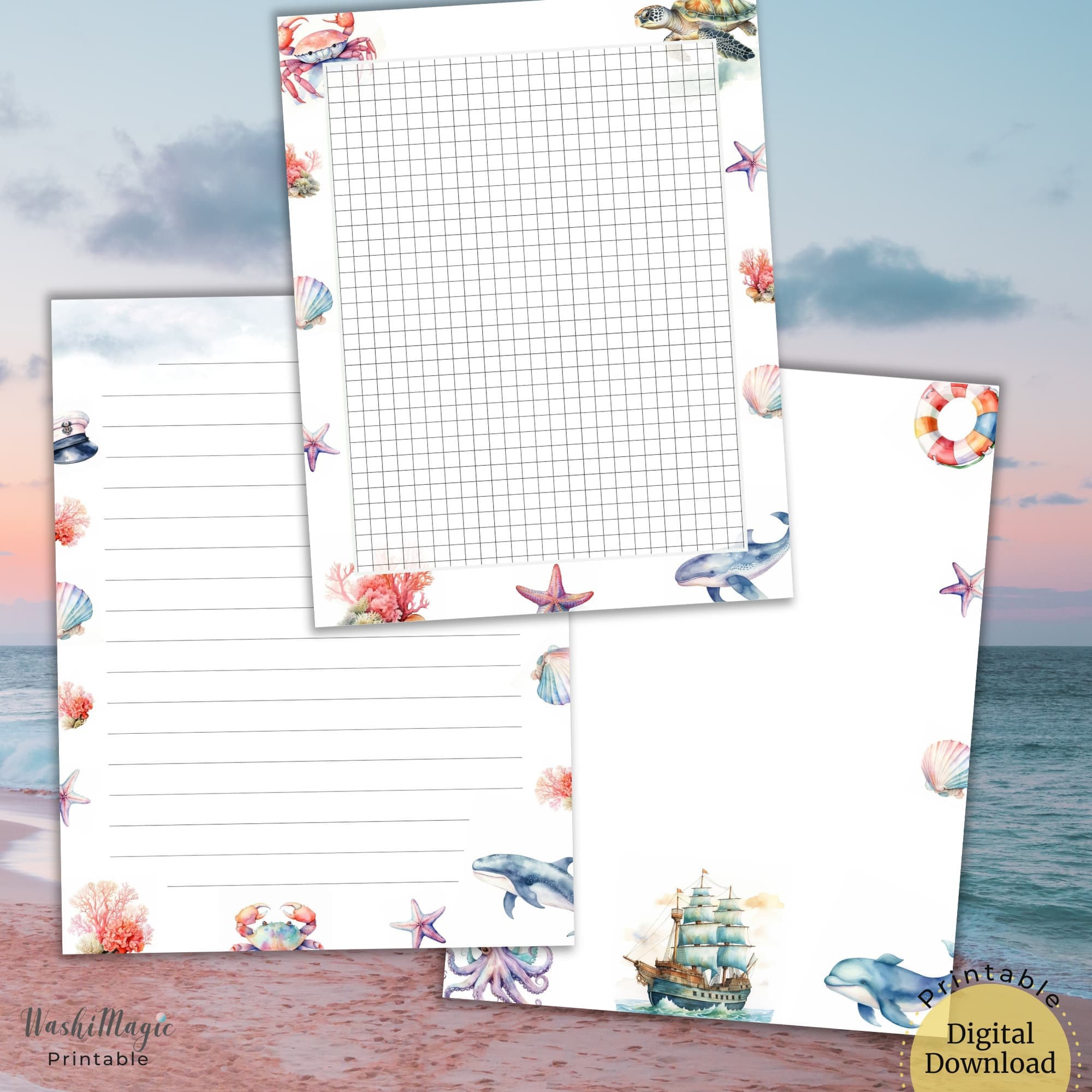 Under the Sea Creature Notebook Paper Printable Set of 3, Letter ...