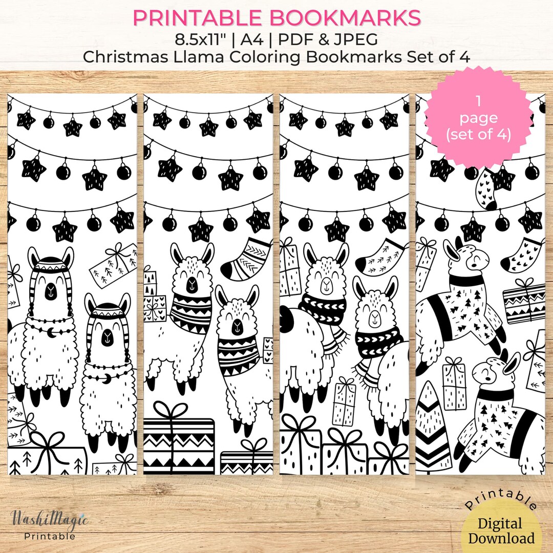Christmas Llama Coloring Printable Bookmarks Set of 4 for Children ...