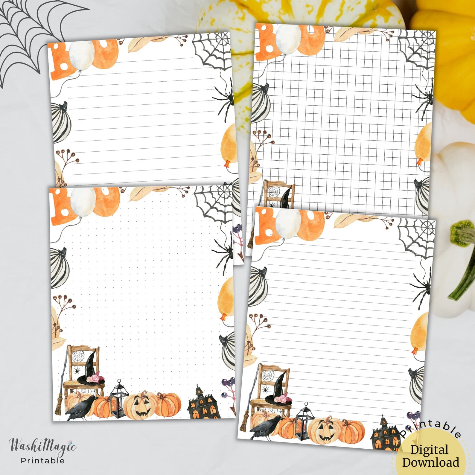 Halloween Pumpkin Balloon Stationery Set of 4 Printable, Wide & Narrow ...
