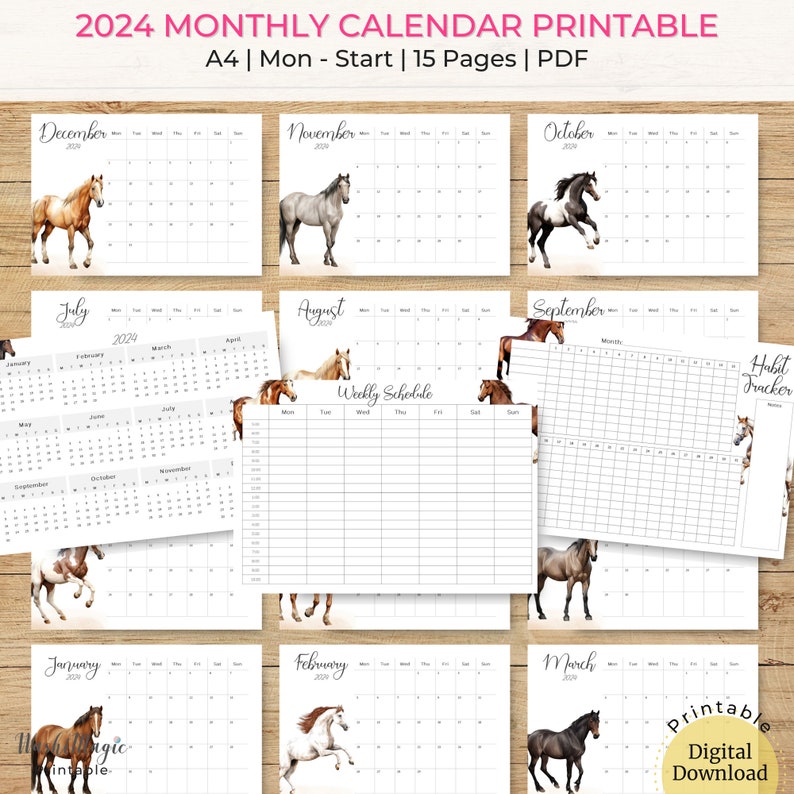 Horse Calendar Printable Landscape 2024 Monthly Planner, Yearly Wall ...