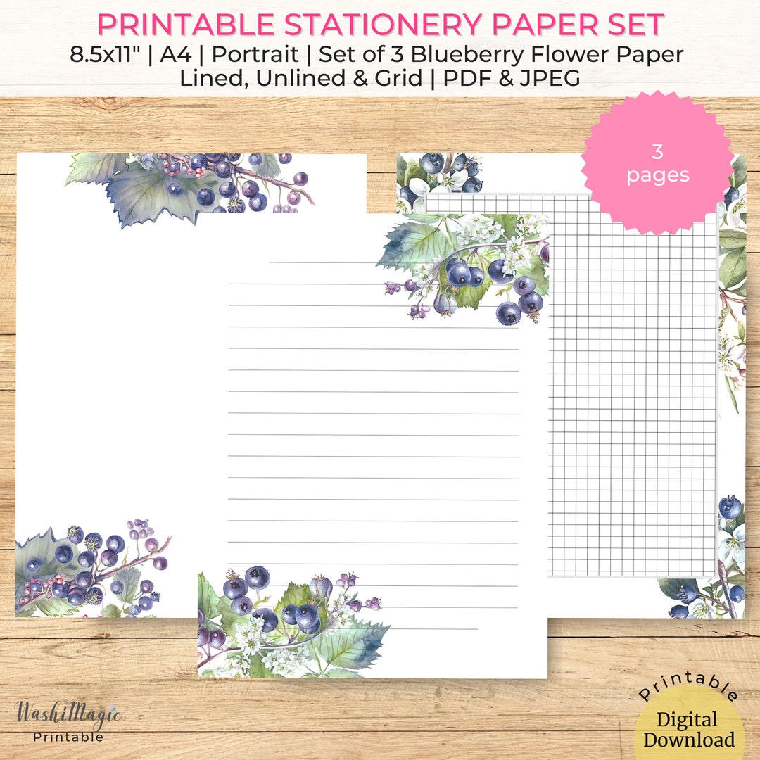 Blueberry Flower Printable Stationery Paper Set Lined Unlined - Etsy