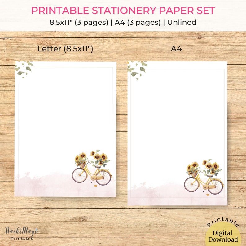 Sunflower Bicycle Paper Printable Stationery Paper Set of 3, Lined ...