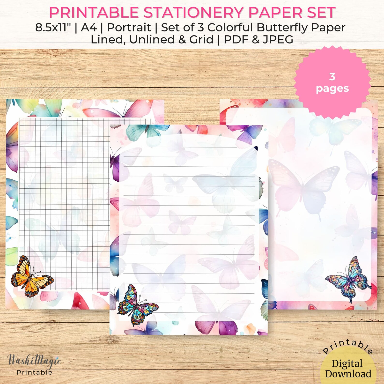 Butterfly-themed Printable Stationery Paper Pack, Lined, Unlined, Grid ...