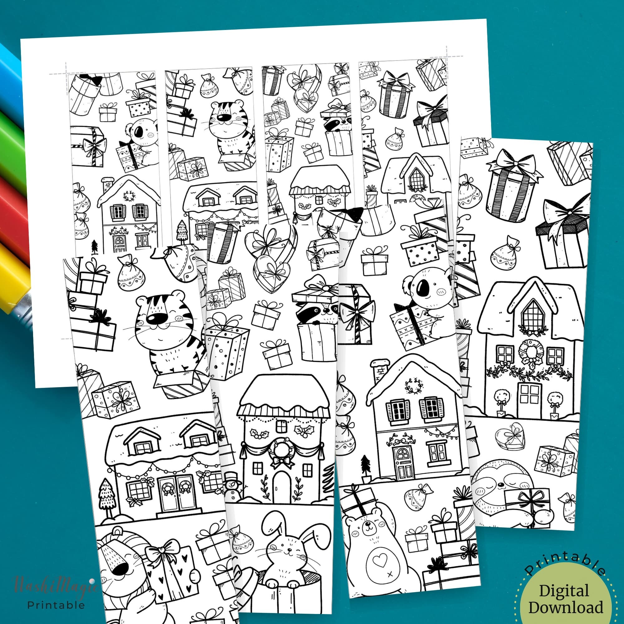 Christmas Themed Coloring Bookmarks for Kids Set of 4, Happy Animal ...