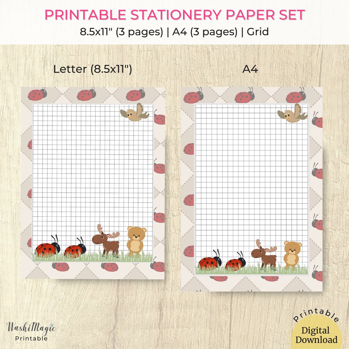 Woodland Animals Printable Stationery Paper Set , Lined Unlined Grid ...