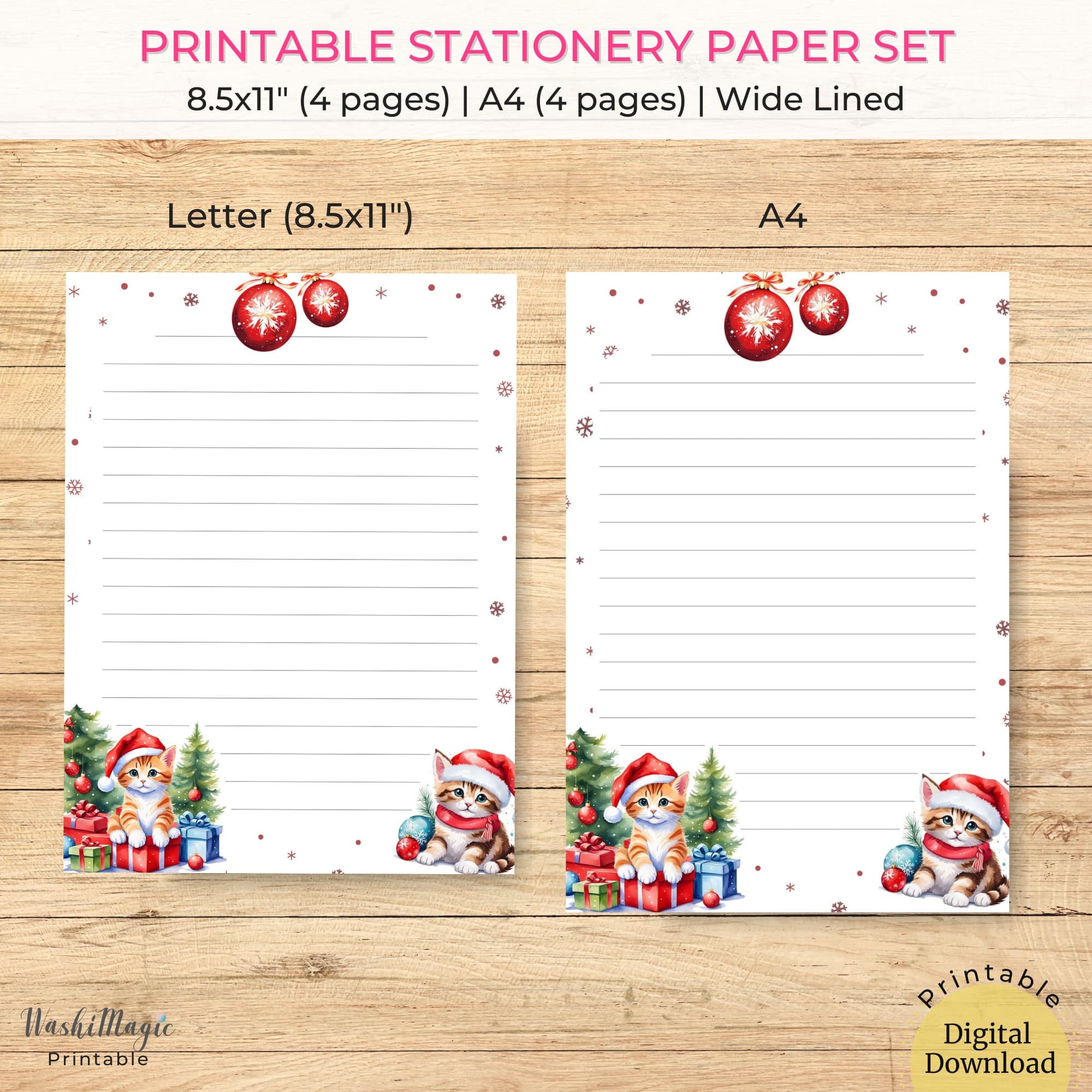 Christmas Gift & Cat Notebook Paper, Letter Writing Paper, Printable ...