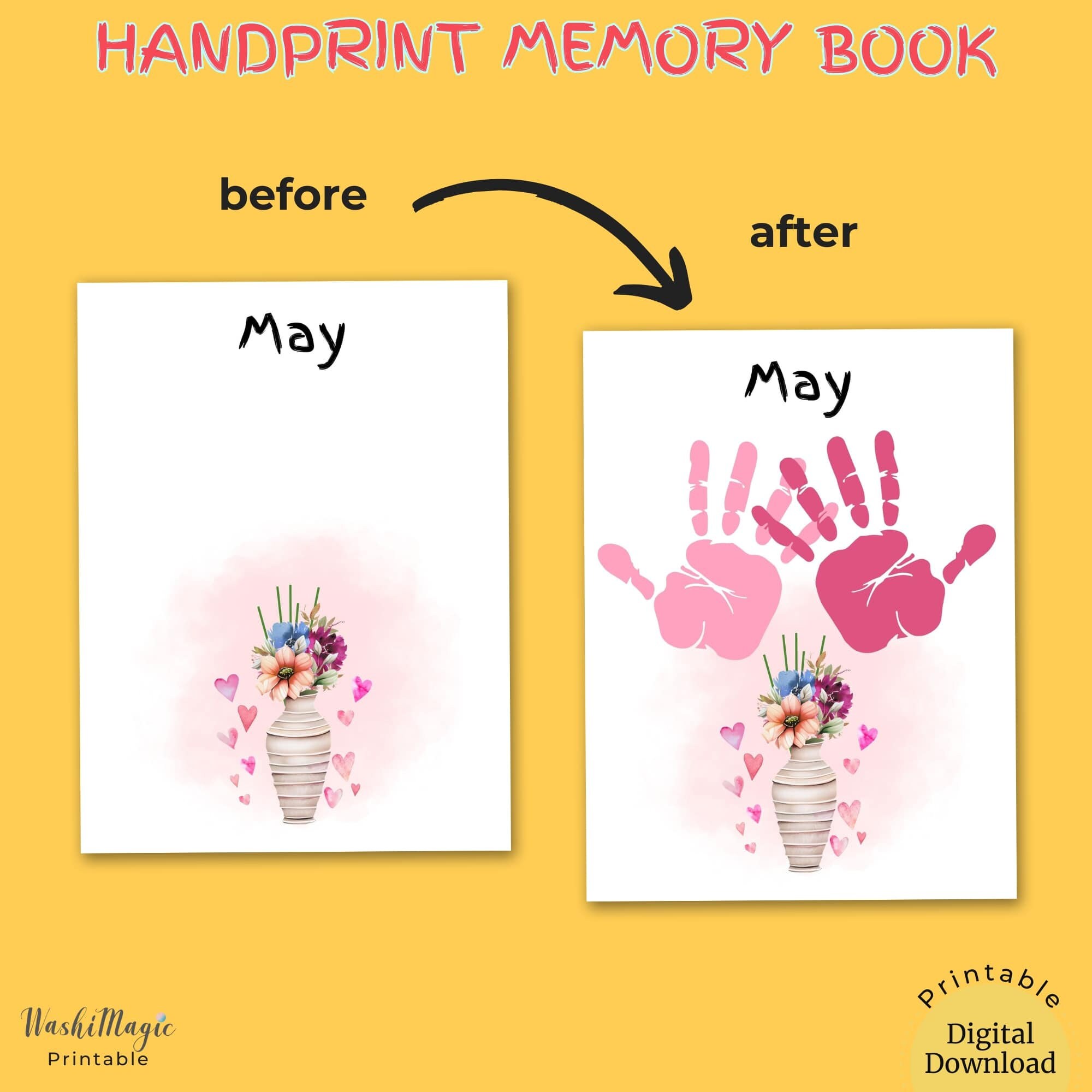 Printable Handprint Memory Book: 12 Months Kids Art, Preschool Keepsake ...