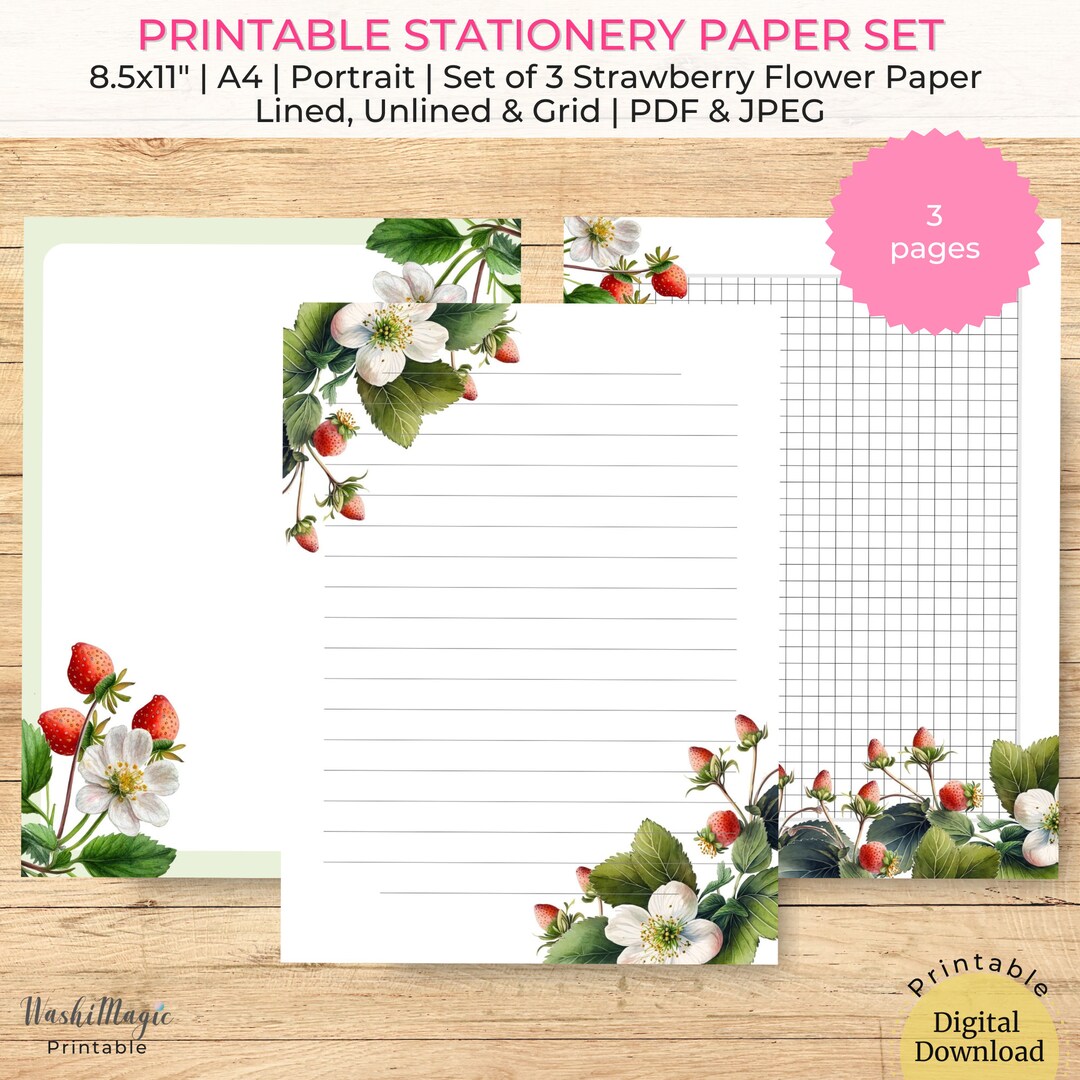 Strawberry Flower Stationery Paper Printable, Lined Unlined Grid Paper ...