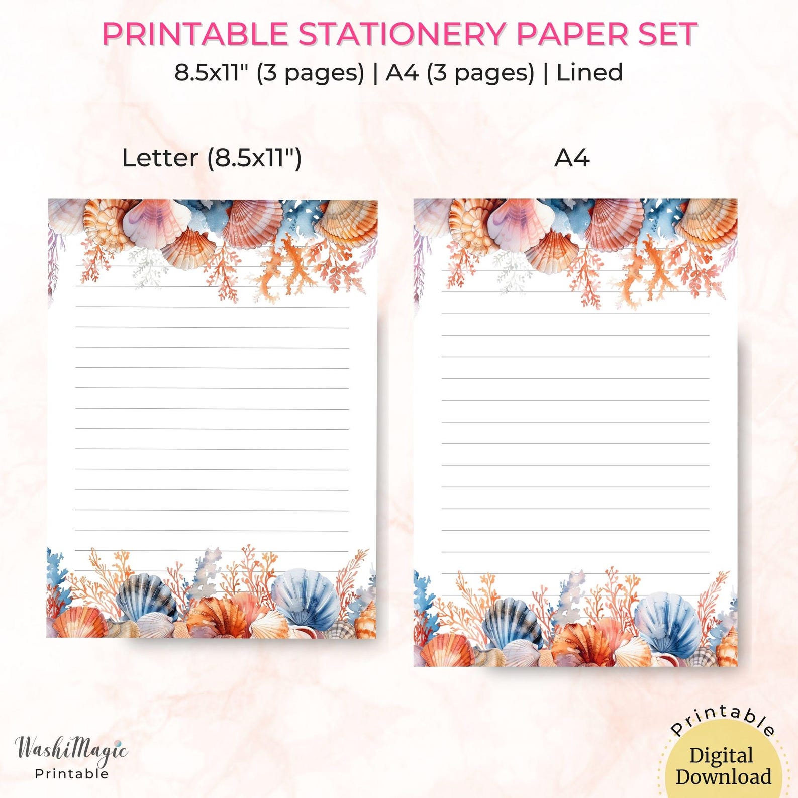 Printable Seashell Stationery Paper Set, Grid Paper, Lined Paper ...