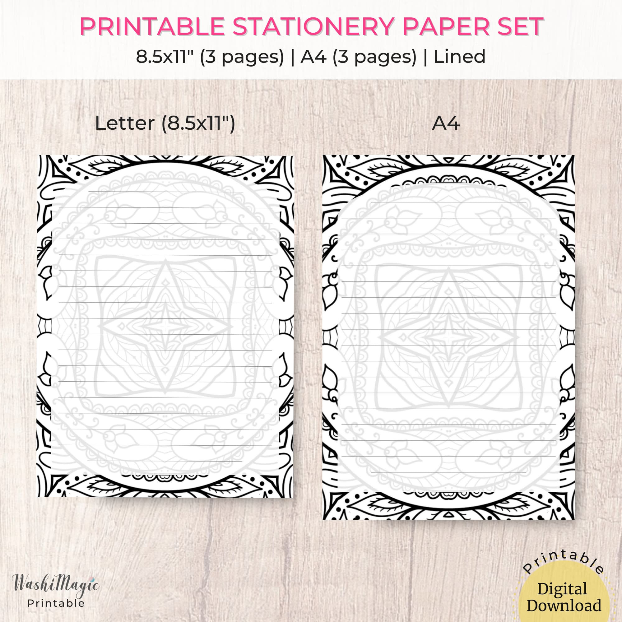 Mystical Mandala Printable Stationery Paper Coloring Set, Letter ...