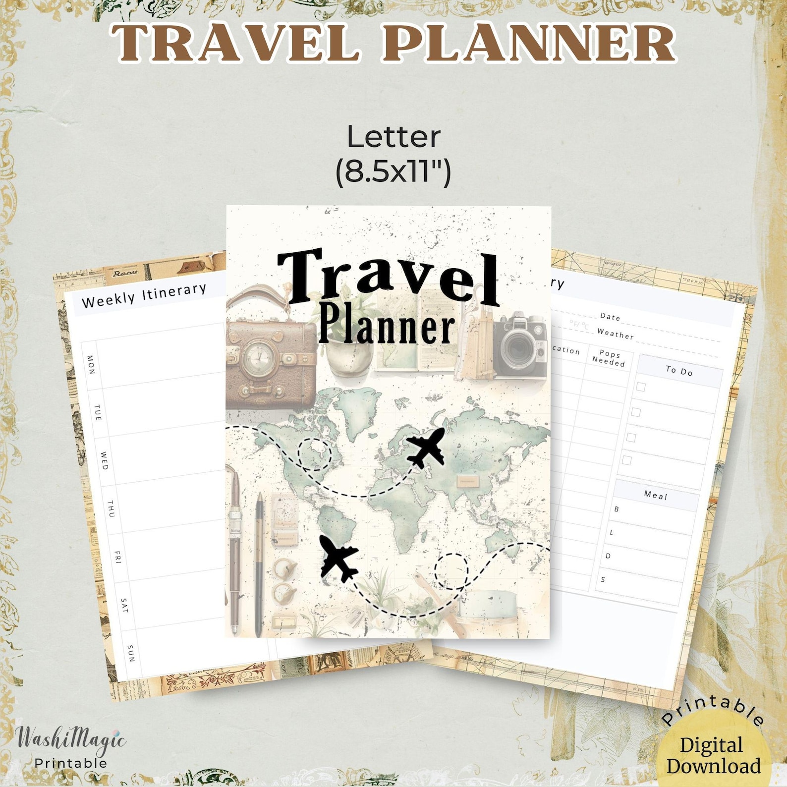 Vintage Map Travel Planner Printable, Solo Travel Checklist, Girls Trip ...
