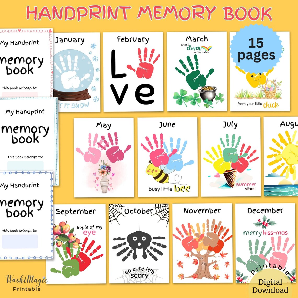 Printable Handprint Memory Book 12 Months Handprint Art for Kids, DIY ...