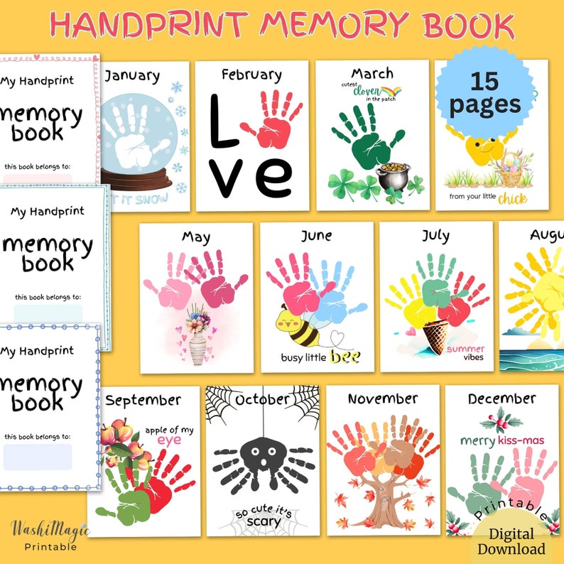 Printable Handprint Memory Book: 12 Months Kids Art, Preschool Keepsake ...
