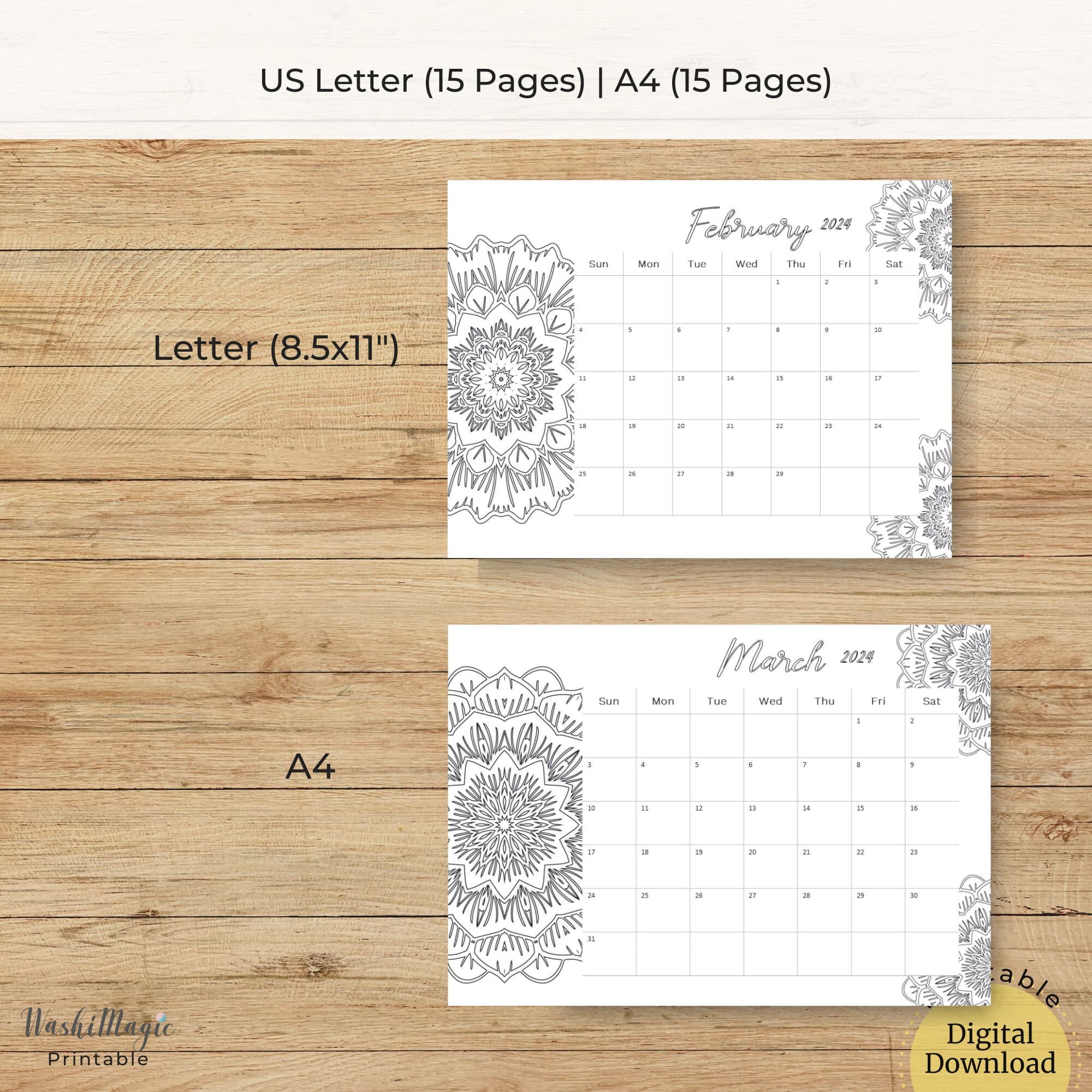 Mandala Calendar Printable 2024 Monthly Planner, Mandala Coloring ...