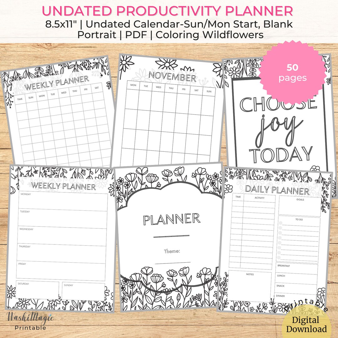 Productivity Planner Coloring Wildflowers, Printable Planner, Weekly ...