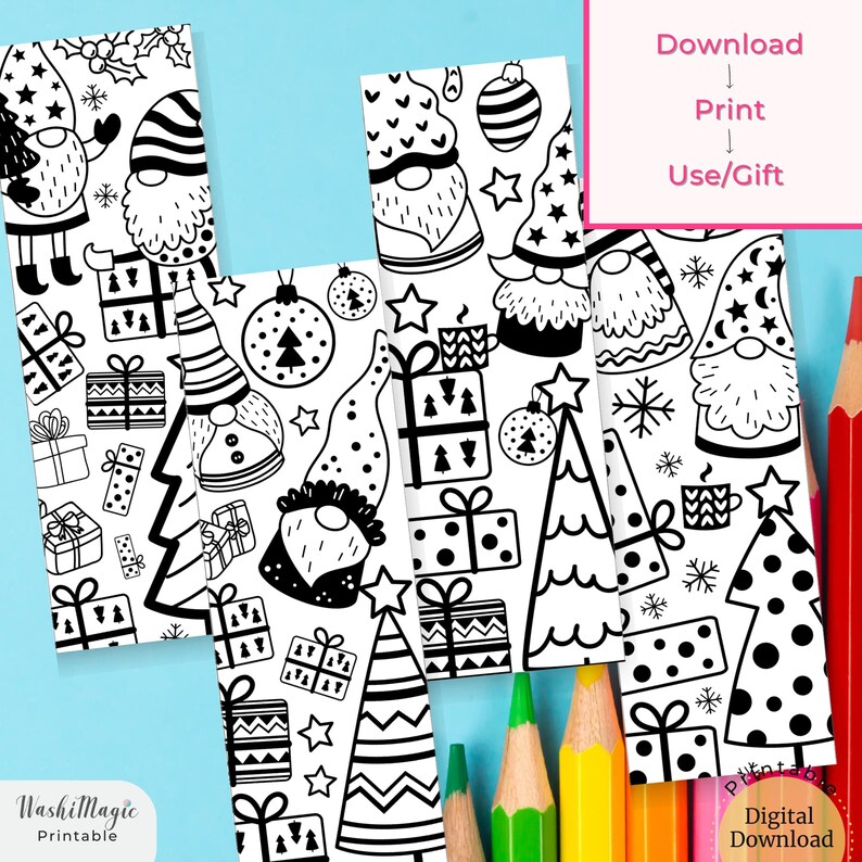 Christmas Gnome Coloring Bookmarks Set of 4, Kawaii Bookmarks Printable ...