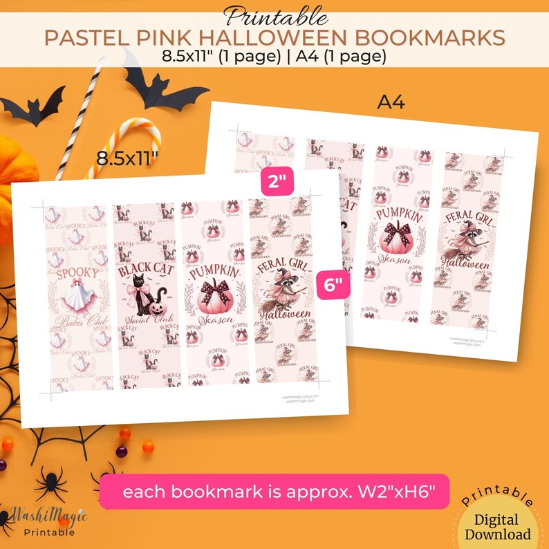 Pastel Pink Halloween Bookmarks Set Printable, Cute Spooky Halloween ...