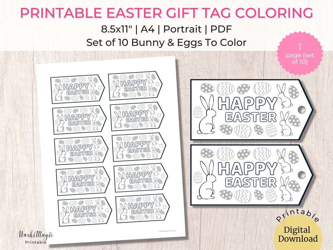Printable Easter Gift Tag, Coloring Set of 10 Bunny & Eggs, Black and ...