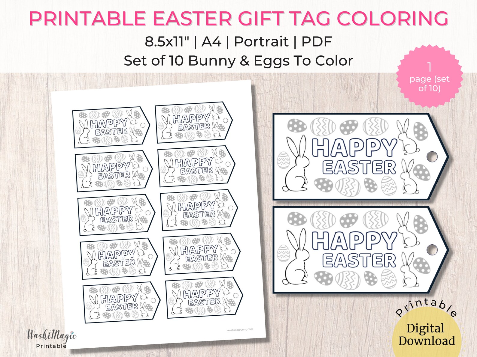 Printable Easter Gift Tag, Coloring Set of 10 Bunny & Eggs, Black and ...