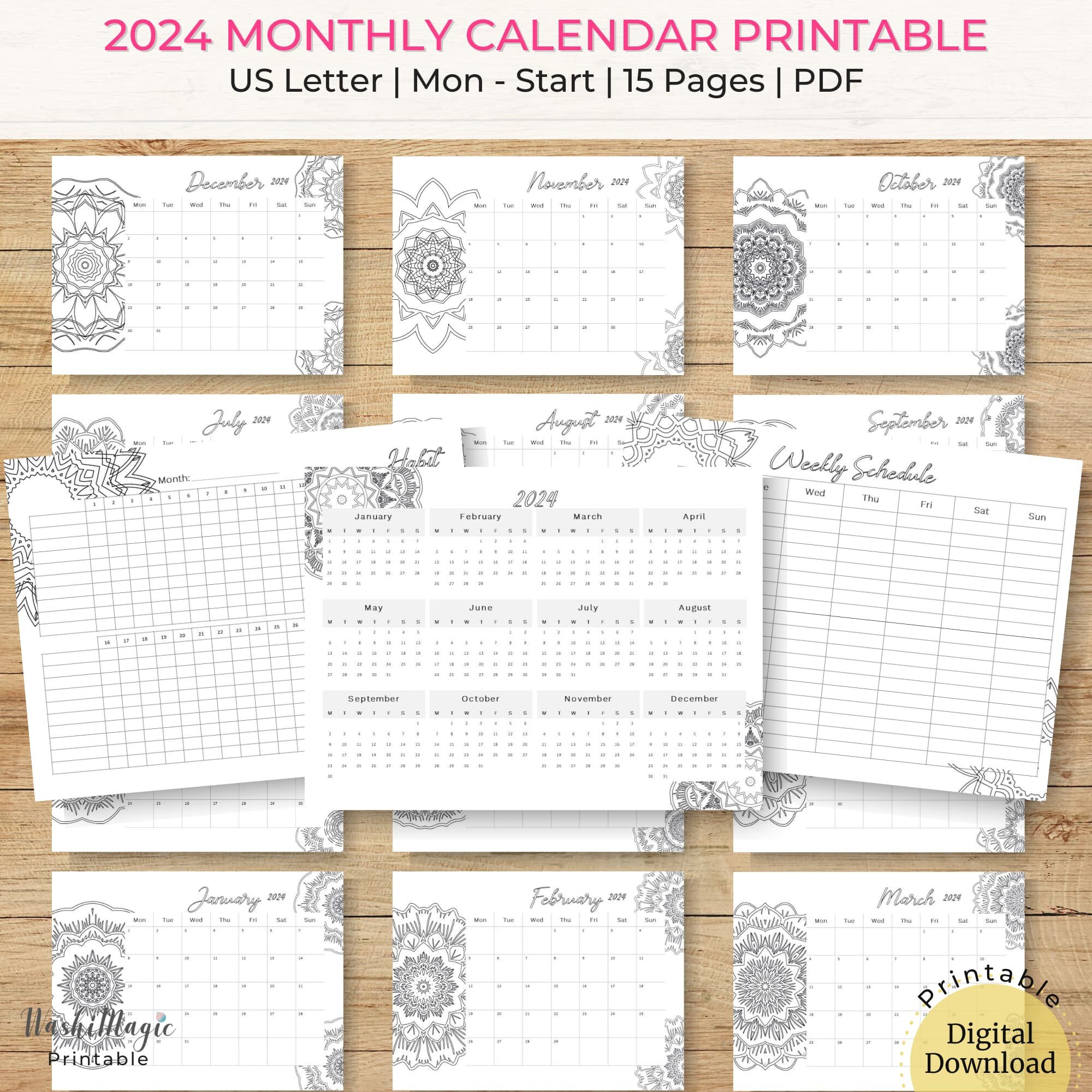 Mandala Calendar Printable 2024 Monthly Planner, Mandala Coloring ...