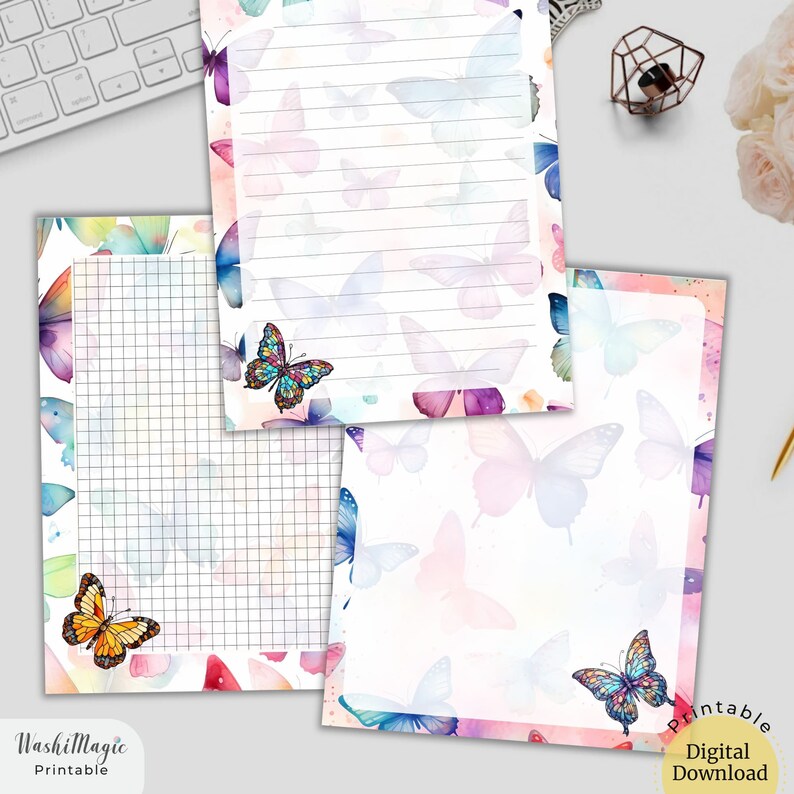 Butterfly-themed Printable Stationery Paper Pack, Lined, Unlined, Grid ...