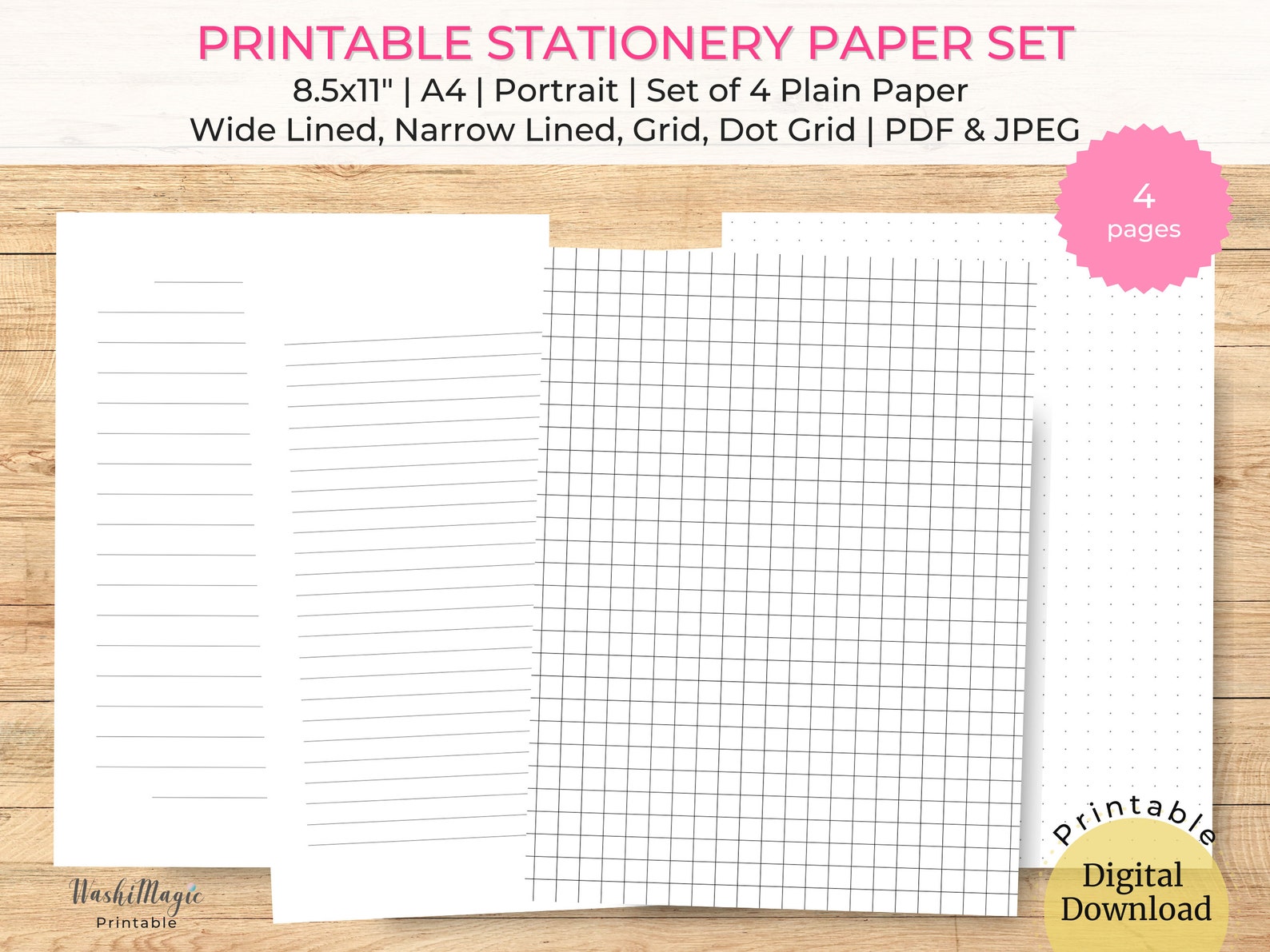 Set of 4 Printable Stationery Paper Plain Lined Template for - Etsy