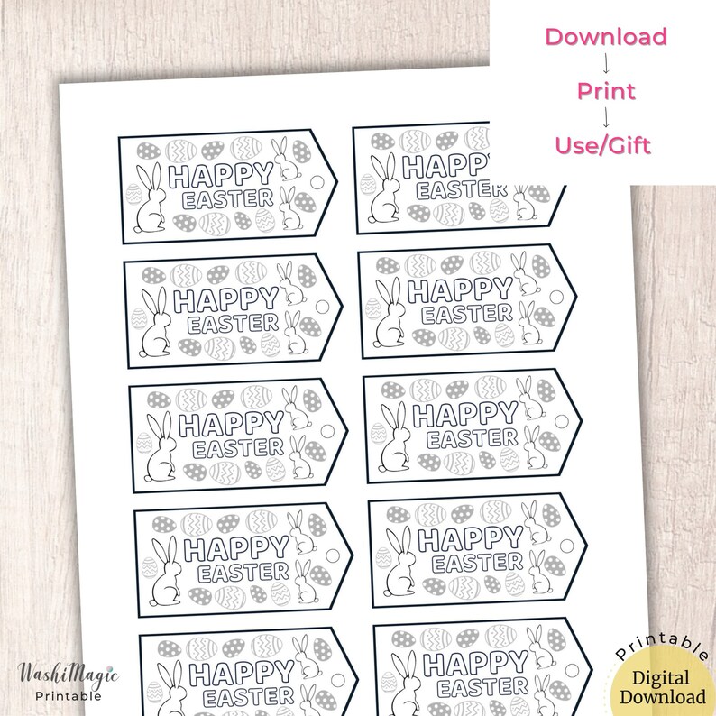 Printable Easter Gift Tag, Coloring Set of 10 Bunny & Eggs, Black and ...