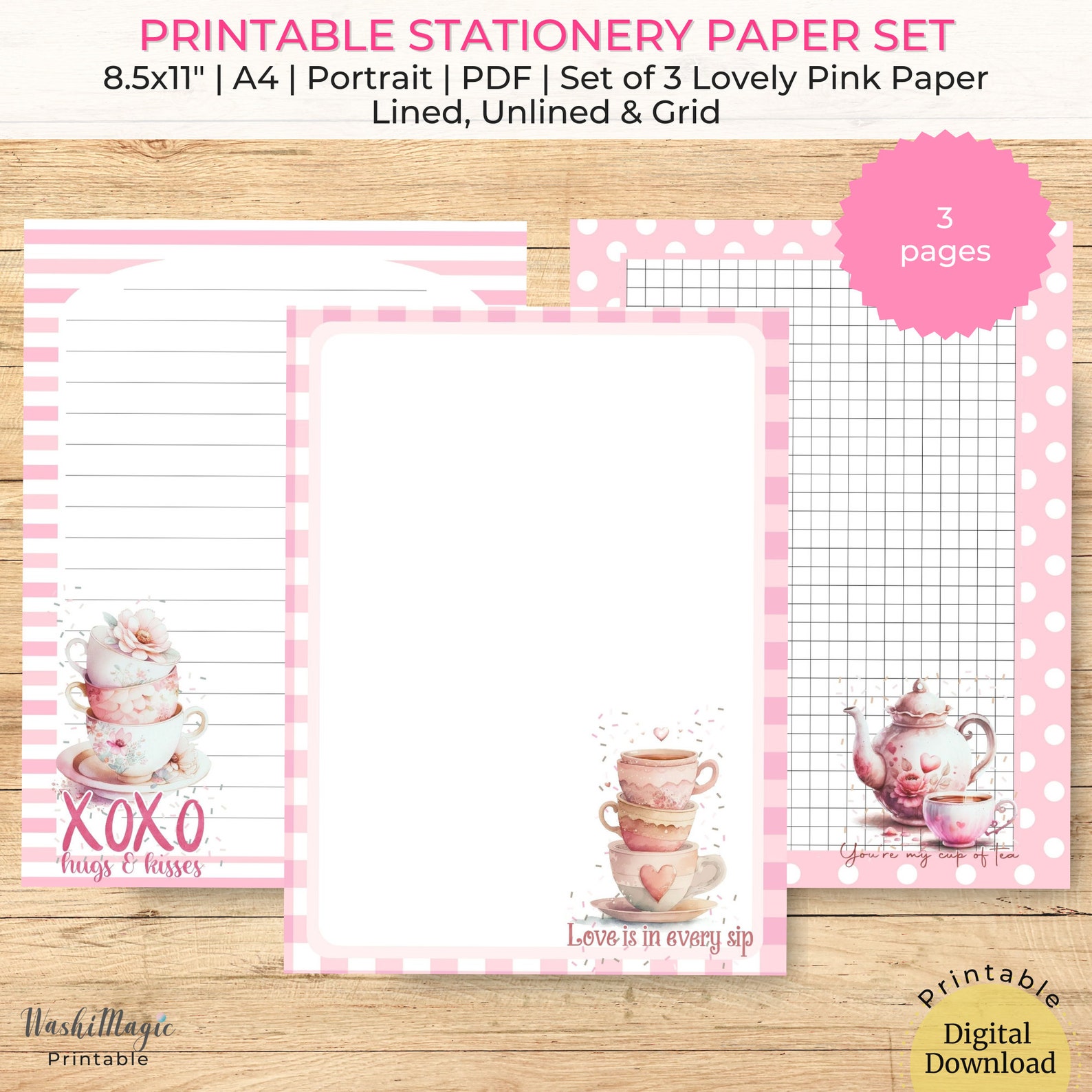 Lovely Pink Feminine Design Printable Stationery Paper Set, Lined ...
